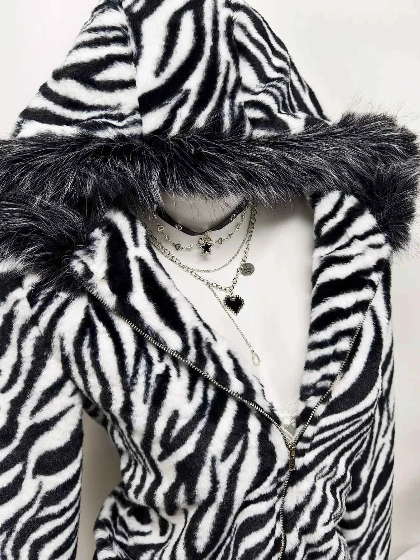Women's Zebra Print Faux Fur Hooded Jacket - Trendy Winter Outerwear ...