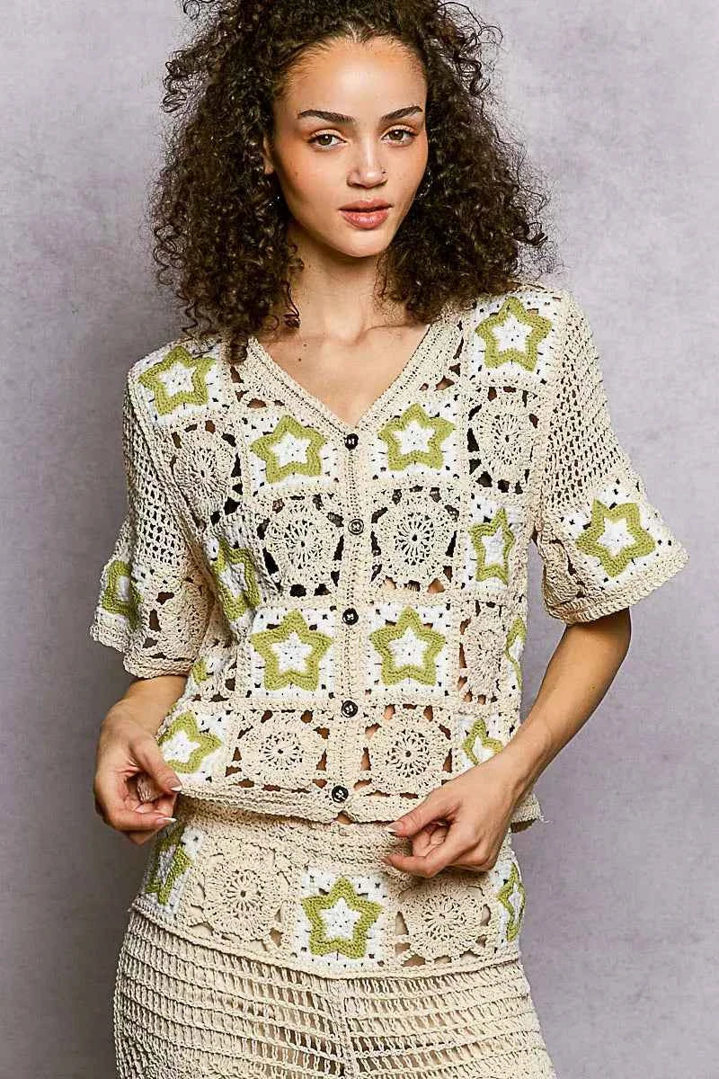Women's Crochet Cardigan Button Front V-Neck Star Detail | Sarah Express