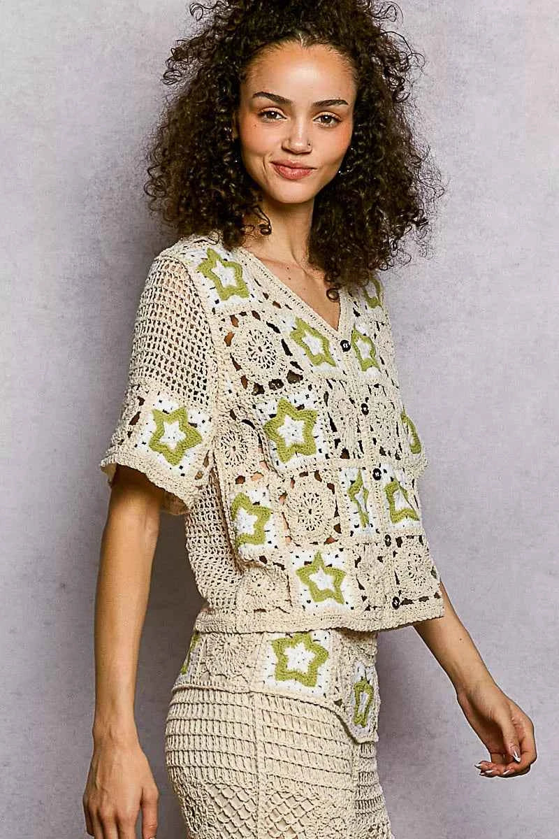 Women's Crochet Cardigan Button Front V-Neck Star Detail | Sarah Express