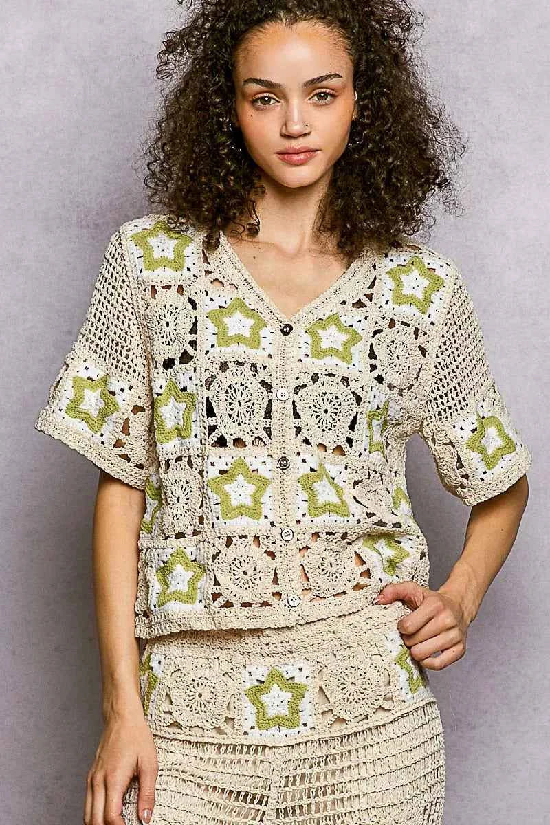 Women's Crochet Cardigan Button Front V-Neck Star Detail | Sarah Express