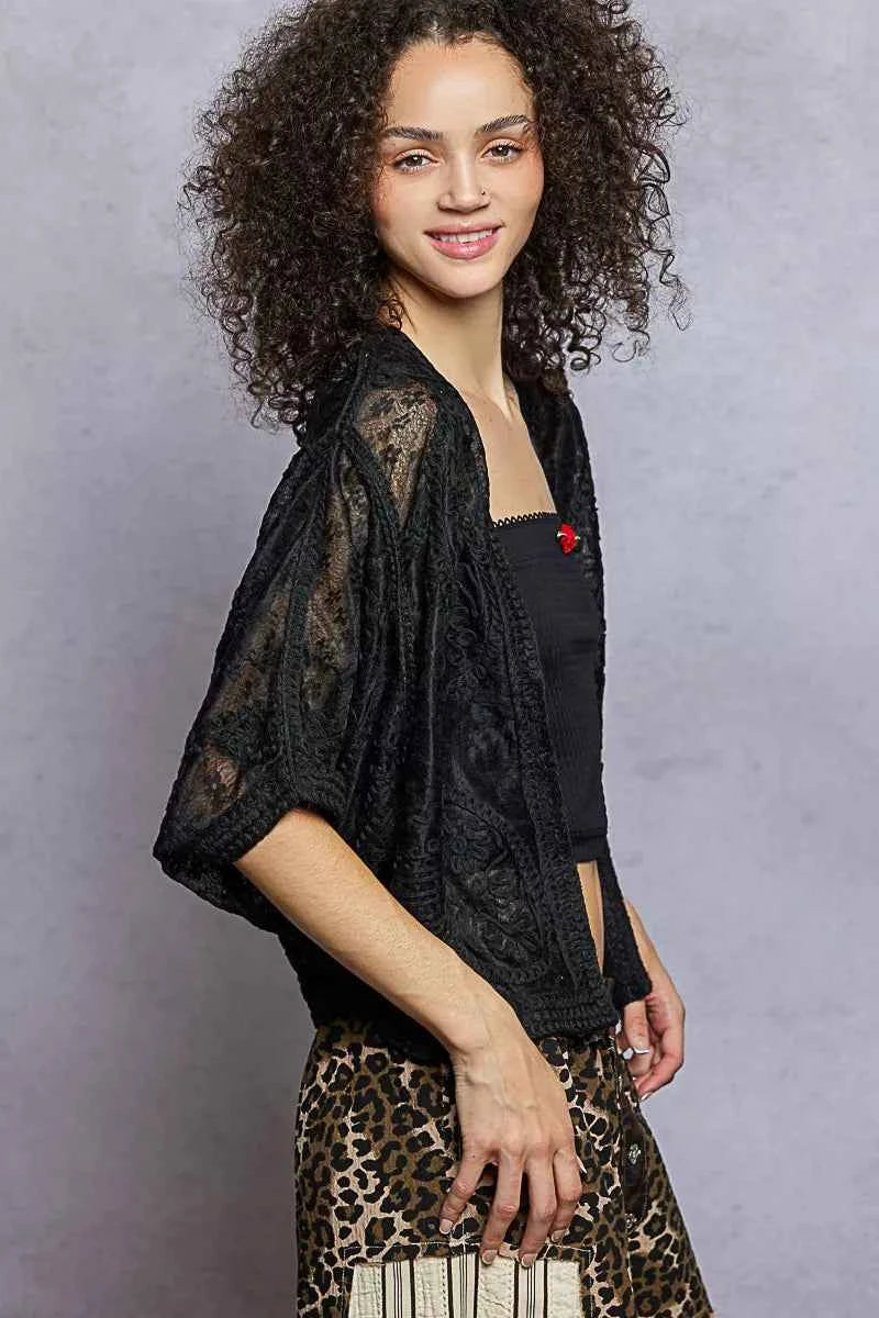 POL Open Front Crochet Cardigan with Floral Embroidery - Sarah Express