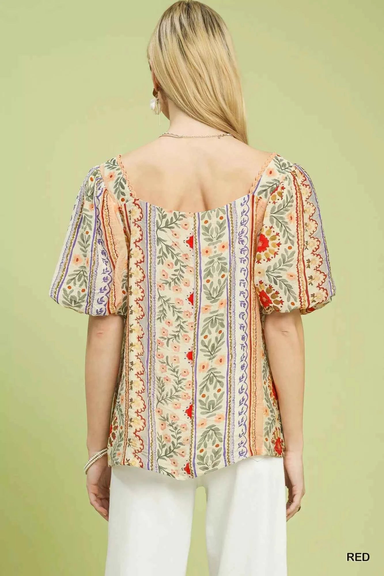 Women's Patchwork Puff Sleeve Smocked Blouse - Floral Stripe Square ...